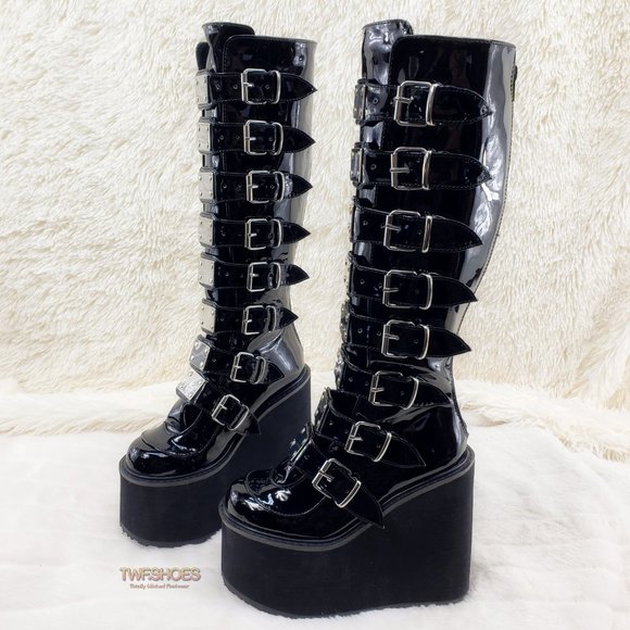 Demonia | Shoes | Swing 85 Black Patent Goth Punk Rave Knee Boots ...